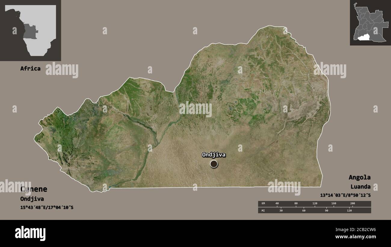 Shape of Cunene, province of Angola, and its capital. Distance scale ...