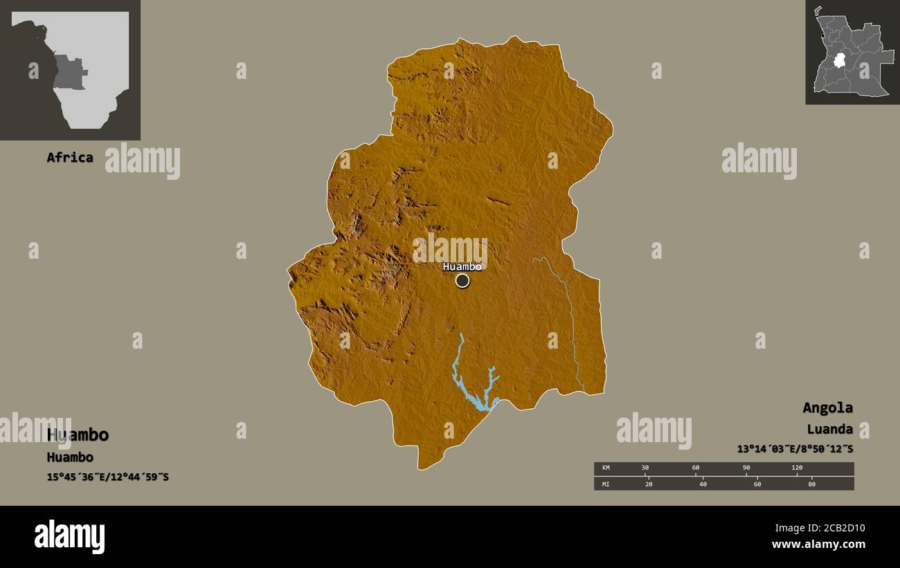 Shape of Huambo, province of Angola, and its capital. Distance scale ...