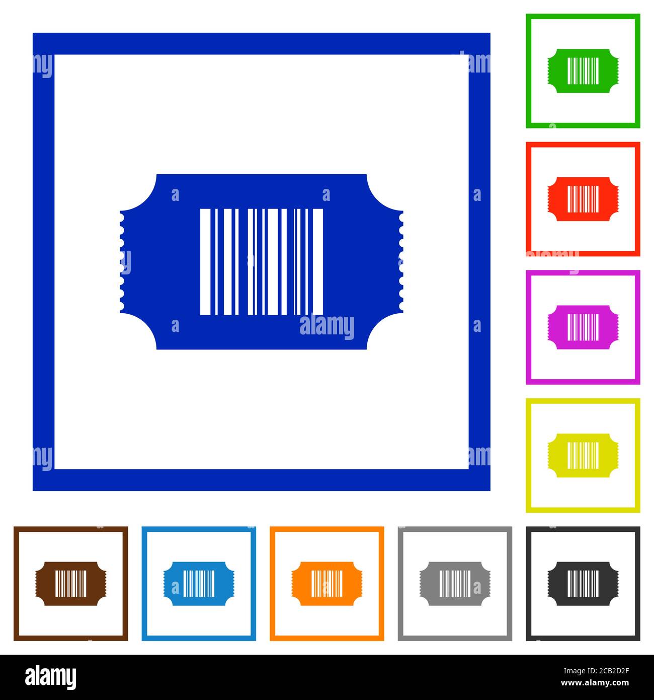 Ticket with barcode flat color icons in square frames on white ...