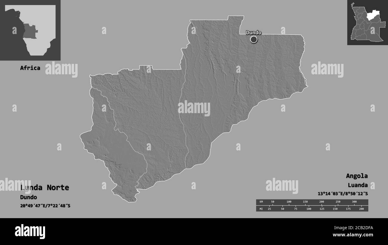Shape of Lunda Norte, province of Angola, and its capital. Distance ...