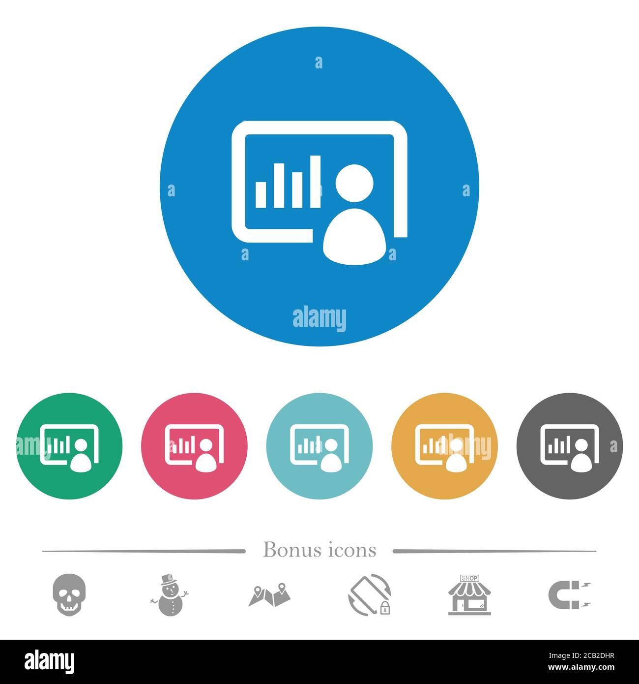 Presentation flat white icons on round color backgrounds. 6 bonus icons ...