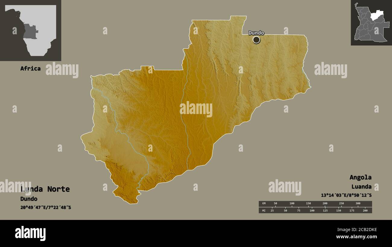 Shape of Lunda Norte, province of Angola, and its capital. Distance ...