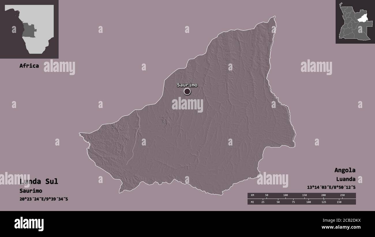 Shape of Lunda Sul, province of Angola, and its capital. Distance scale ...