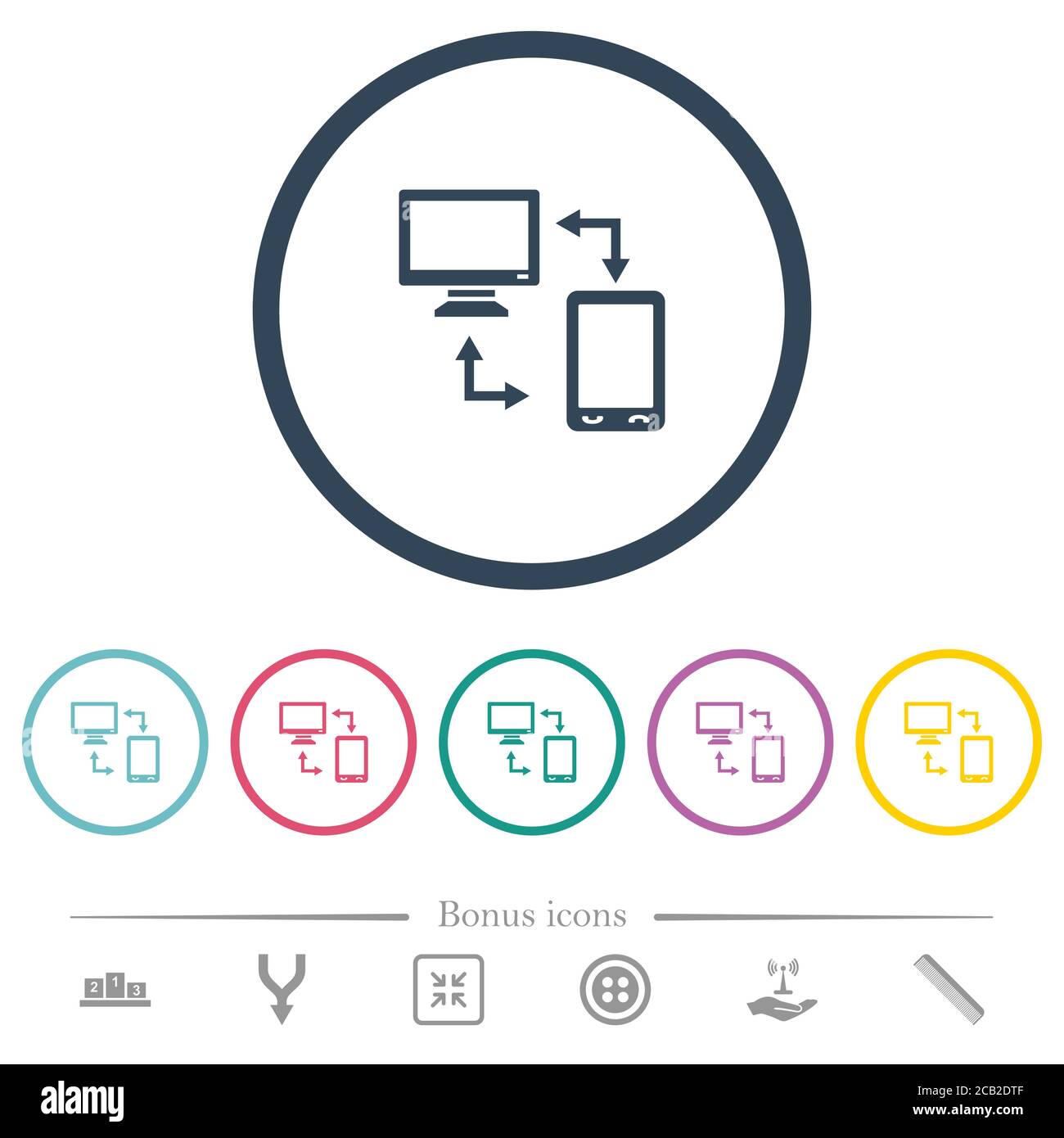Connecting mobile to desktop flat color icons in round outlines. 6 ...