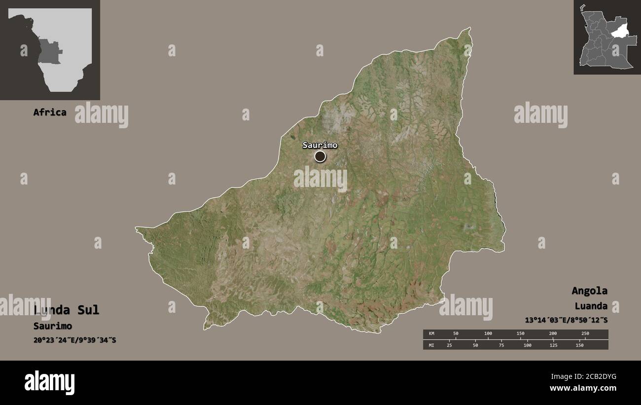 Shape of Lunda Sul, province of Angola, and its capital. Distance scale ...