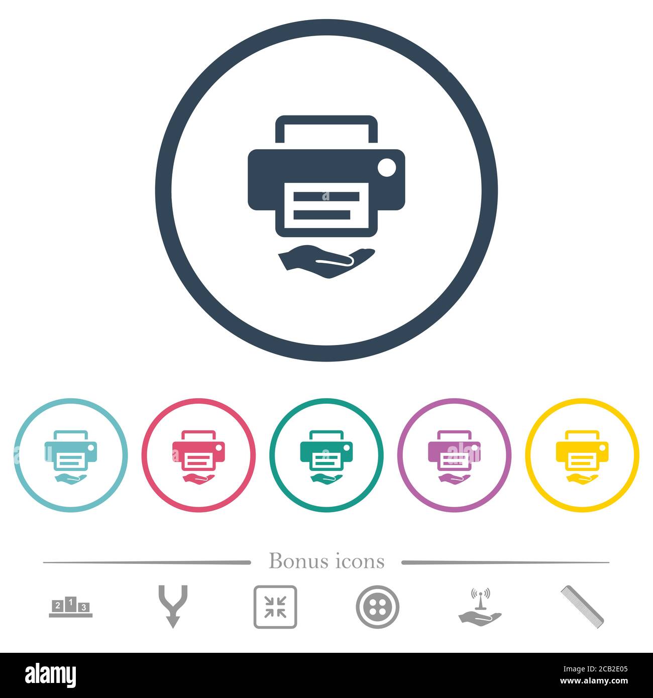 Shared printer flat color icons in round outlines. 6 bonus icons ...
