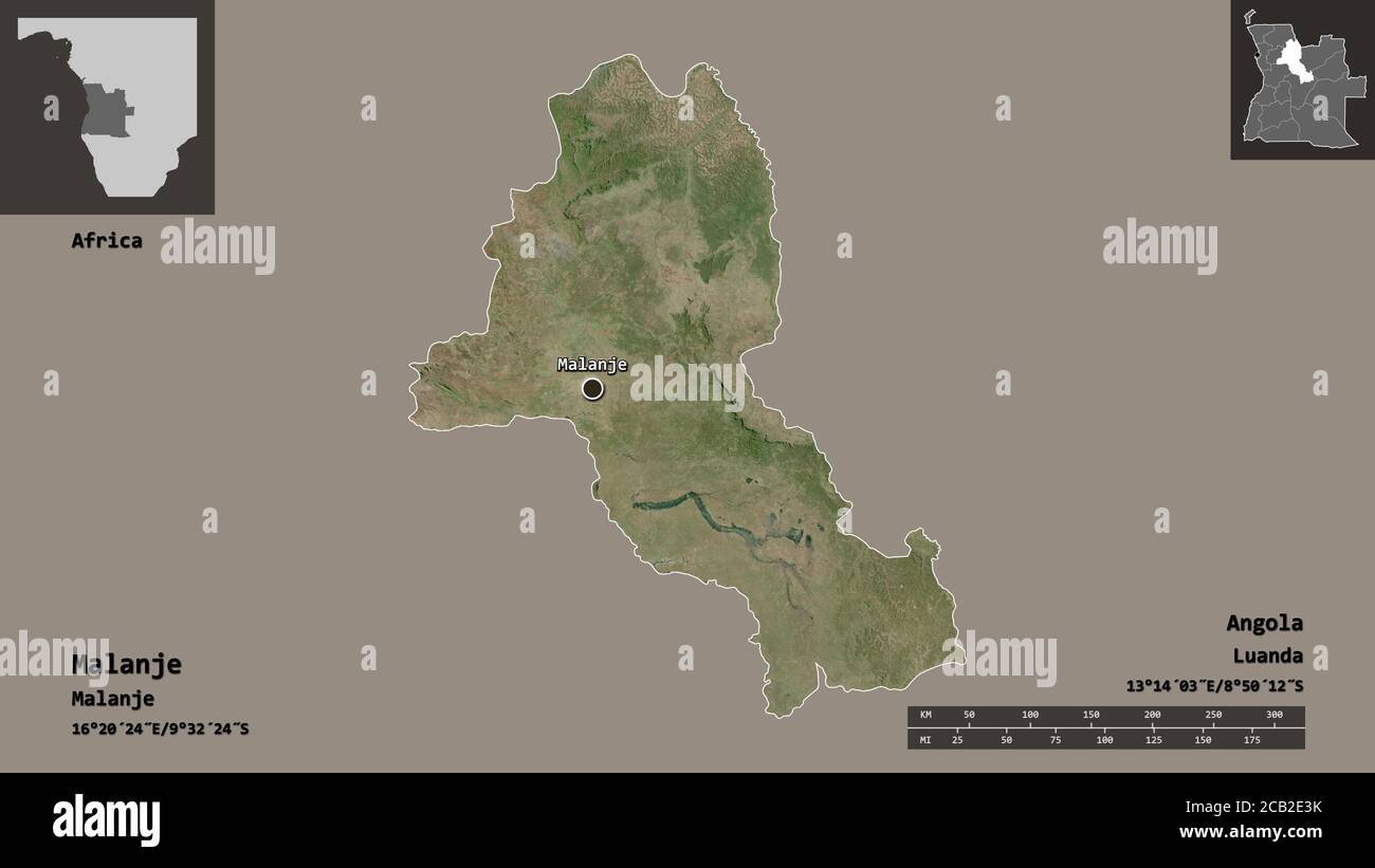 Shape of Malanje, province of Angola, and its capital. Distance scale ...
