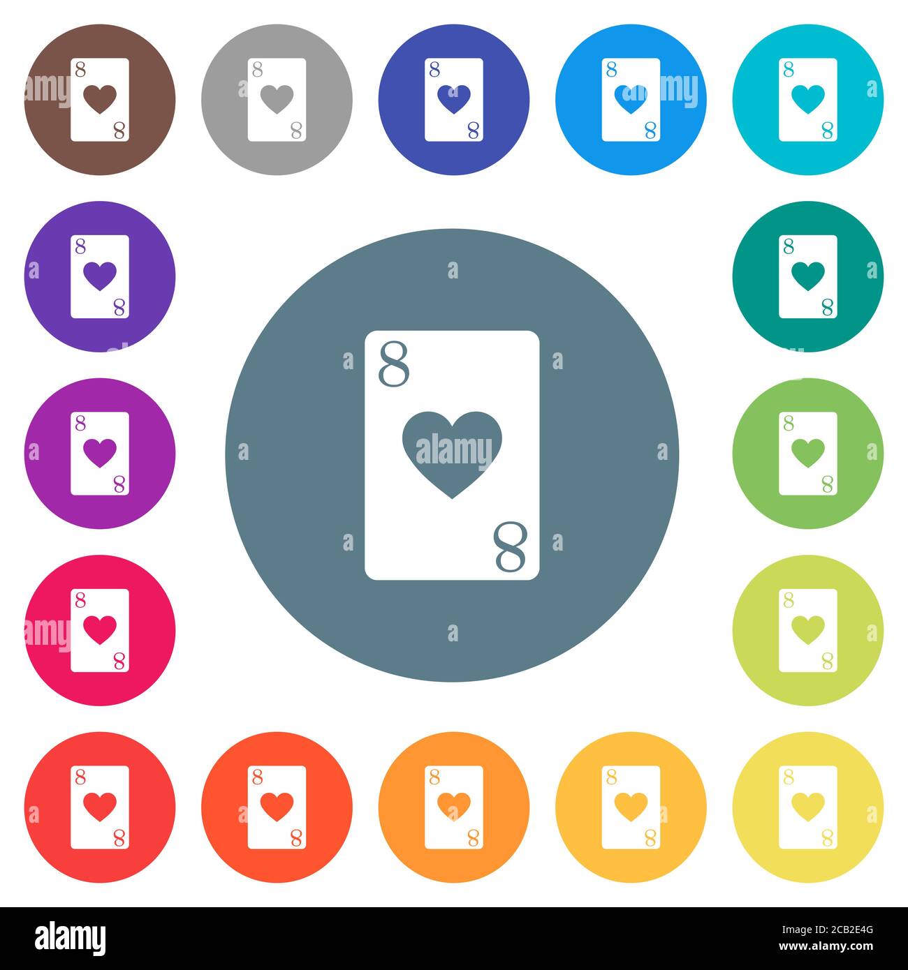 Eight of hearts card flat white icons on round color backgrounds. 17 ...