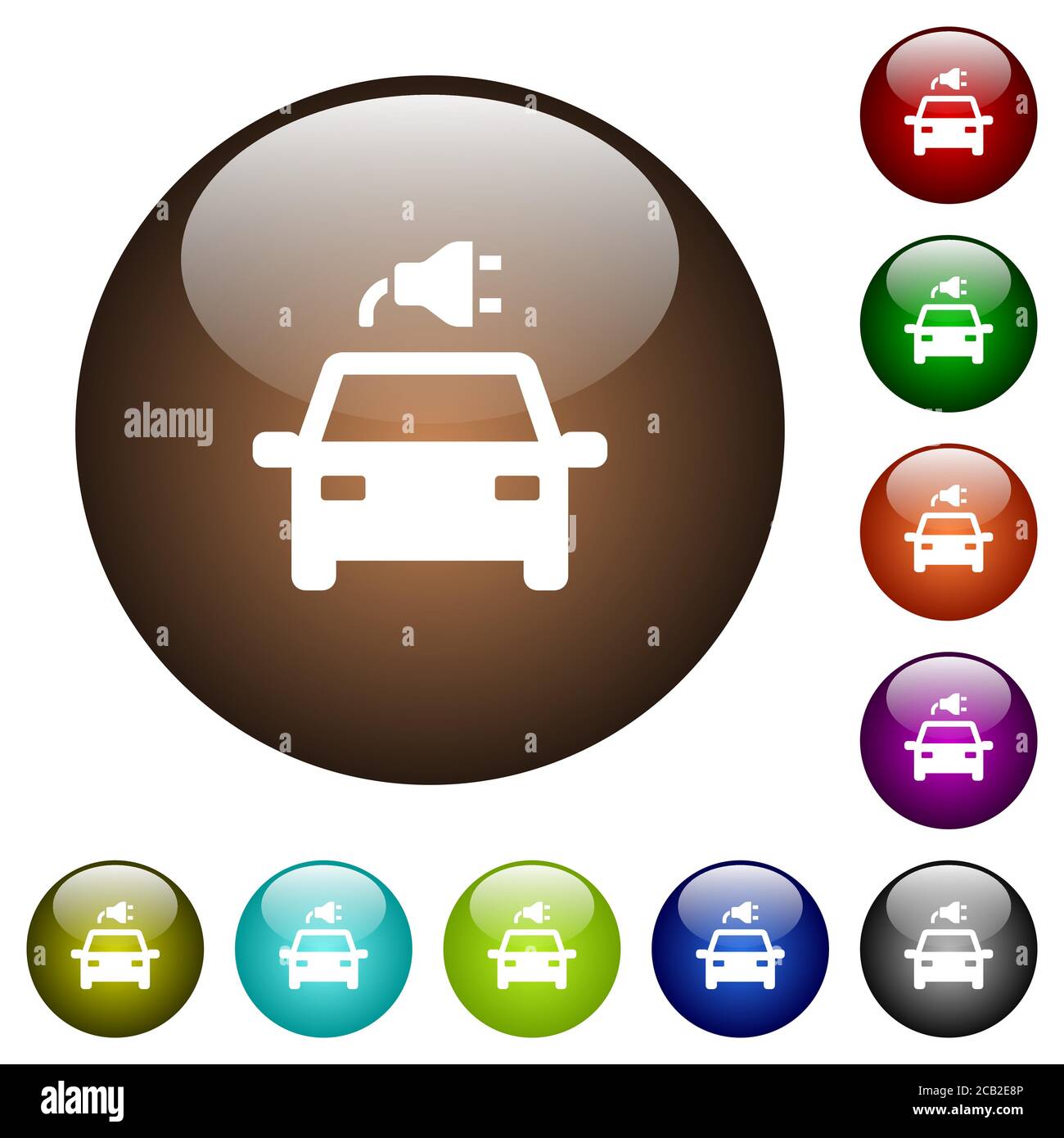 Electric car with connector white icons on round color glass buttons ...