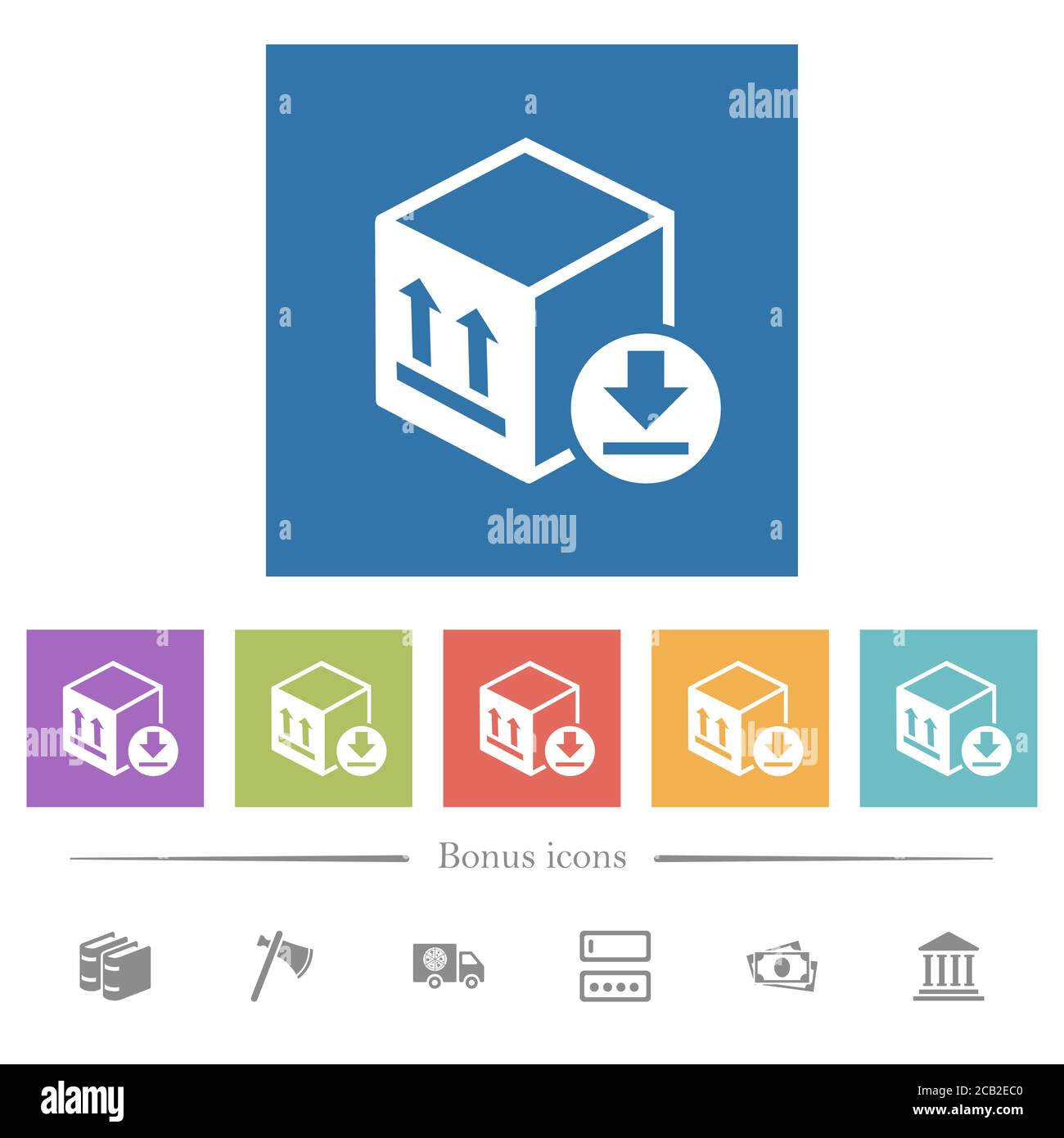 Package arrival flat white icons in square backgrounds. 6 bonus icons ...