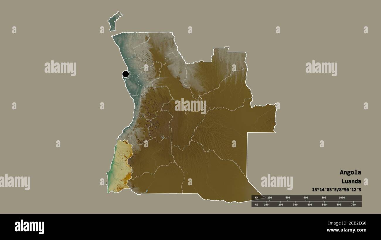 Desaturated shape of Angola with its capital, main regional division ...