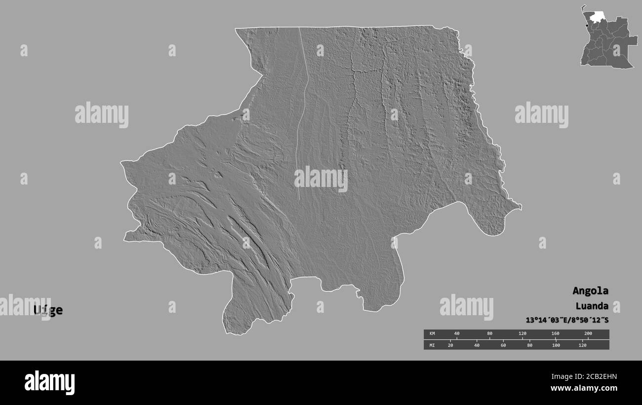 Shape of Uíge, province of Angola, with its capital isolated on solid ...