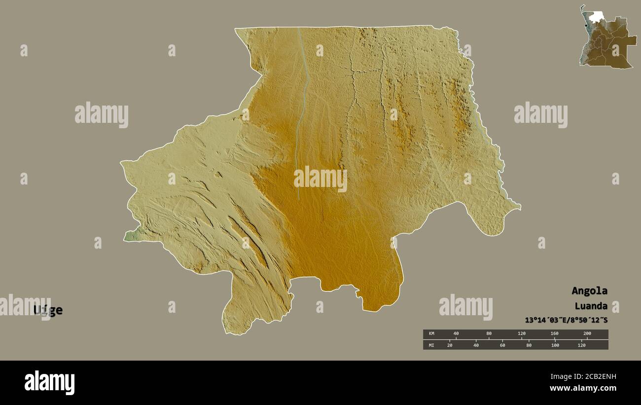 Shape of Uíge, province of Angola, with its capital isolated on solid ...