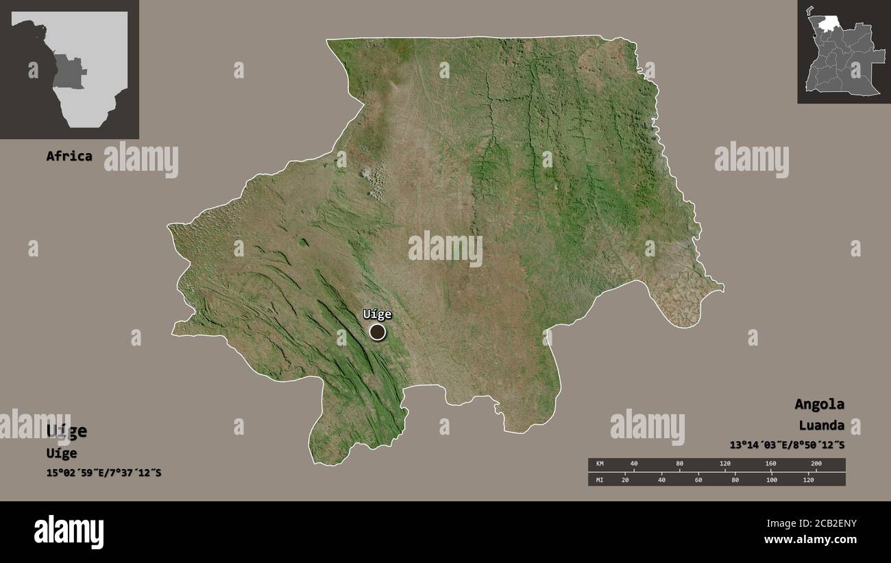 Shape of Uíge, province of Angola, and its capital. Distance scale ...