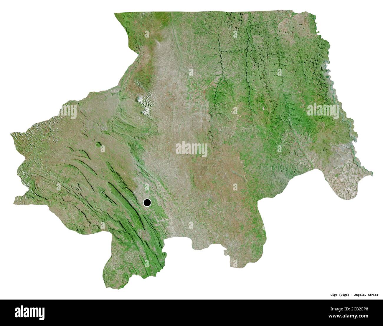 Shape of Uíge, province of Angola, with its capital isolated on white ...