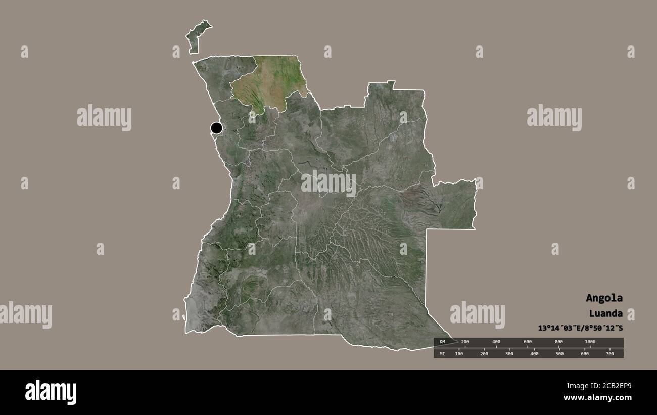 Desaturated shape of Angola with its capital, main regional division ...