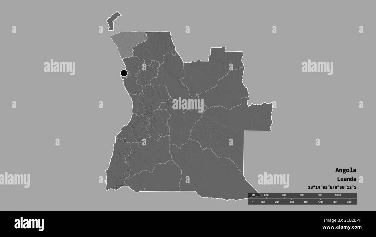 Desaturated shape of Angola with its capital, main regional division ...