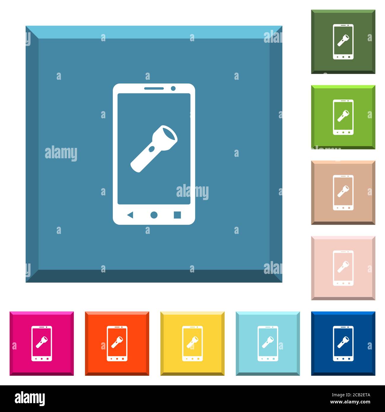 Mobile flashlight white icons on edged square buttons in various trendy ...