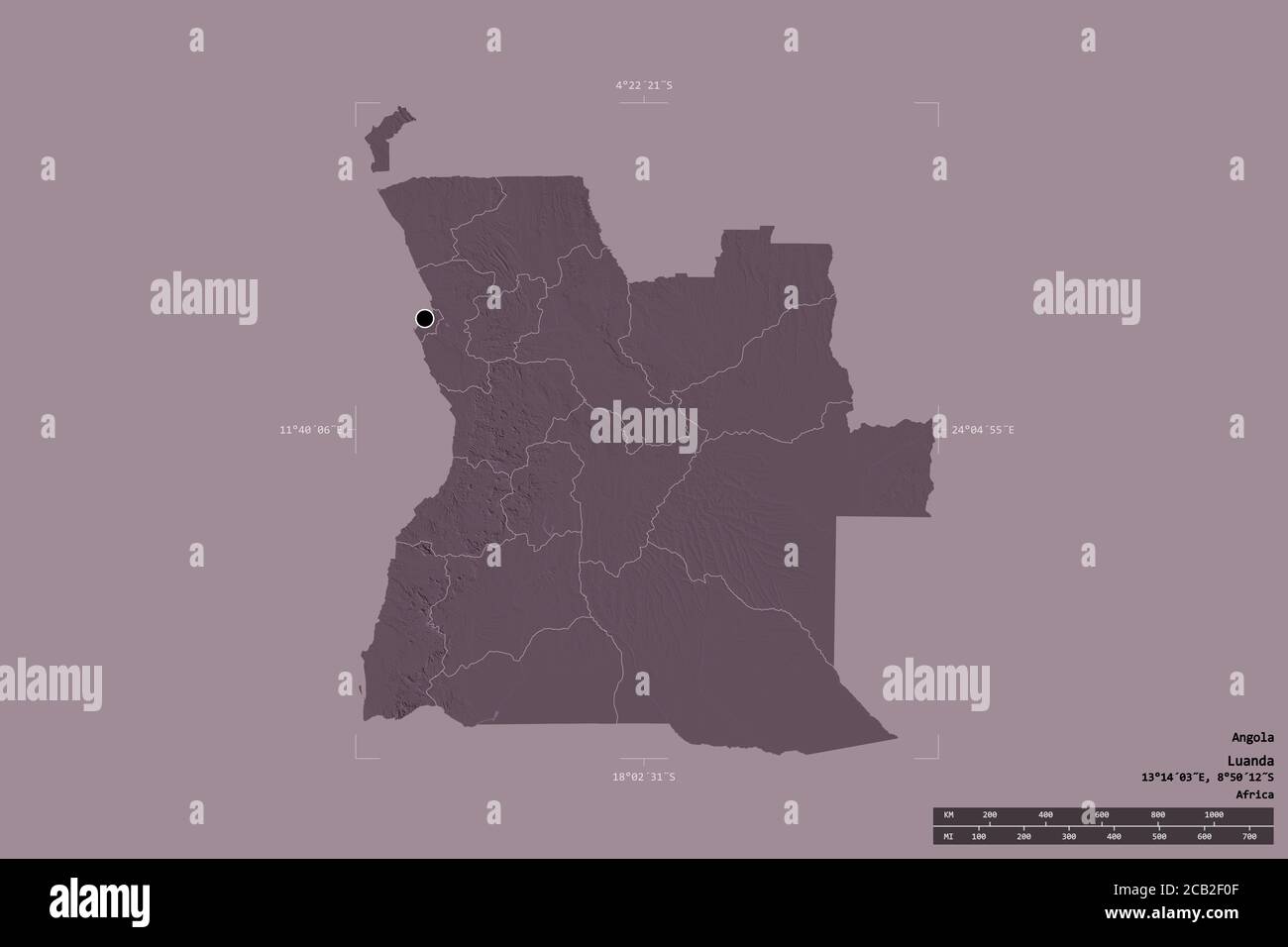 Area of Angola isolated on a solid background in a georeferenced ...