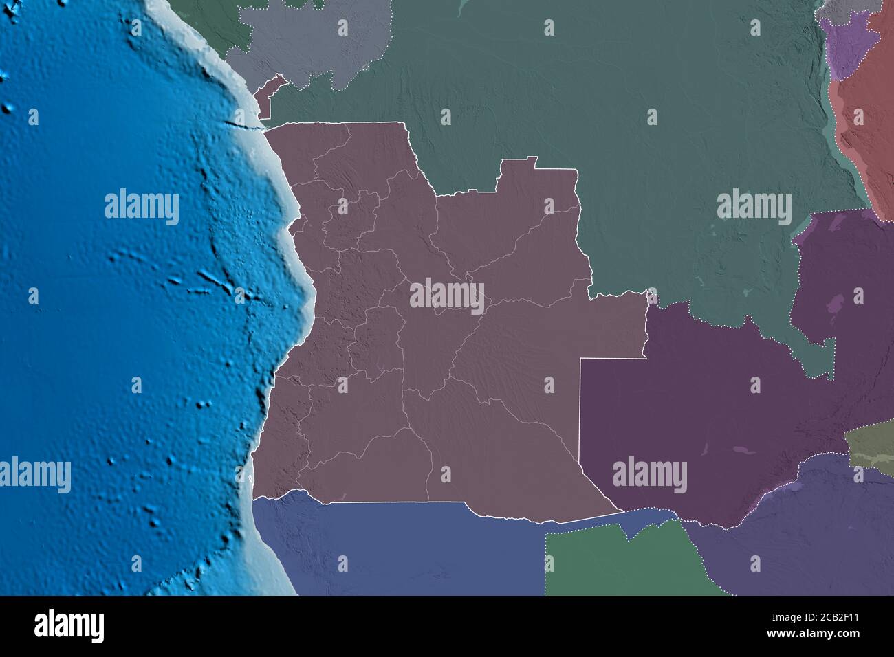 Extended area of Angola with country outline, international and ...