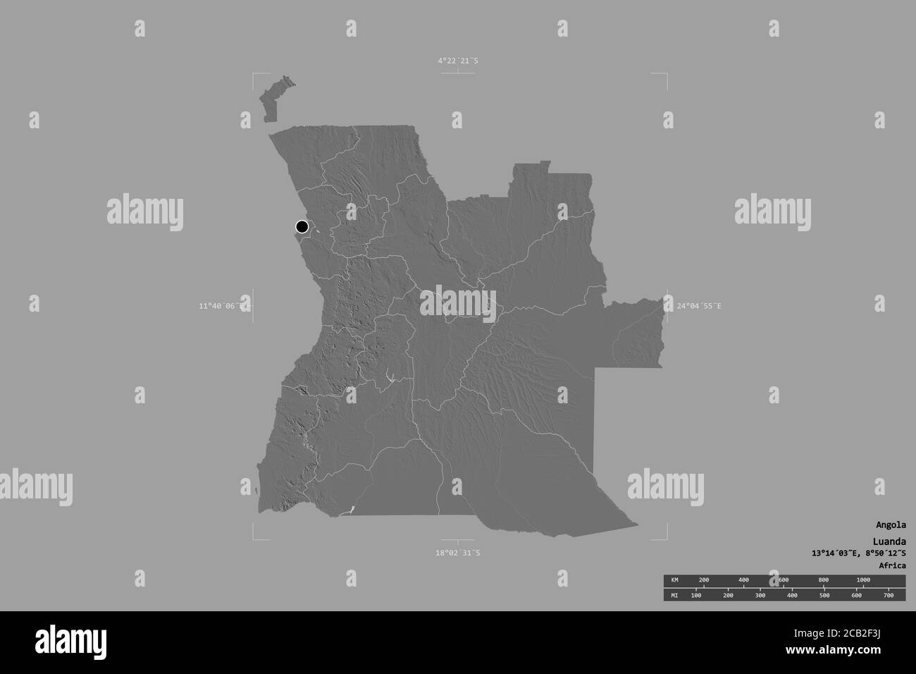 Area of Angola isolated on a solid background in a georeferenced ...