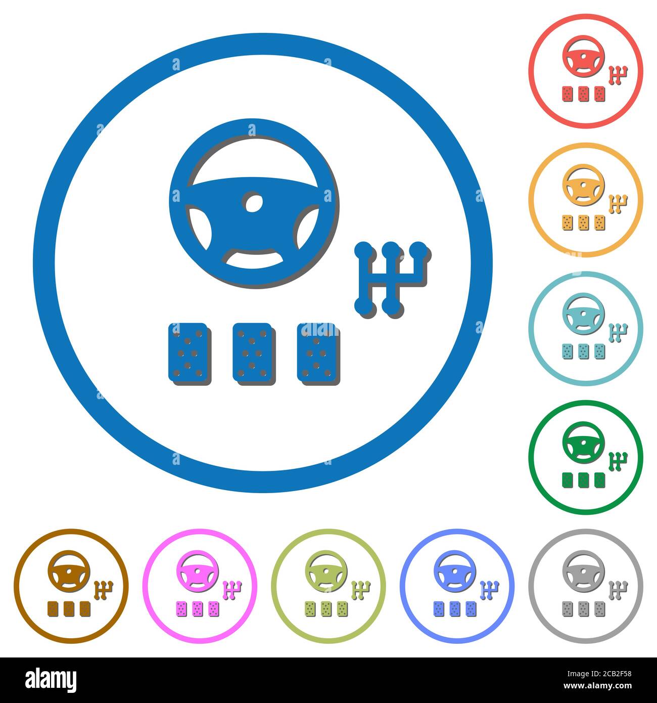 Car controls flat color vector icons with shadows in round outlines on ...