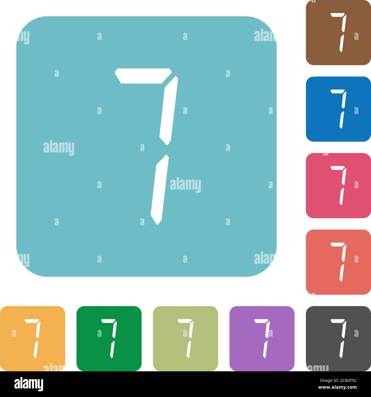 digital number seven of seven segment type flat white icons on round ...