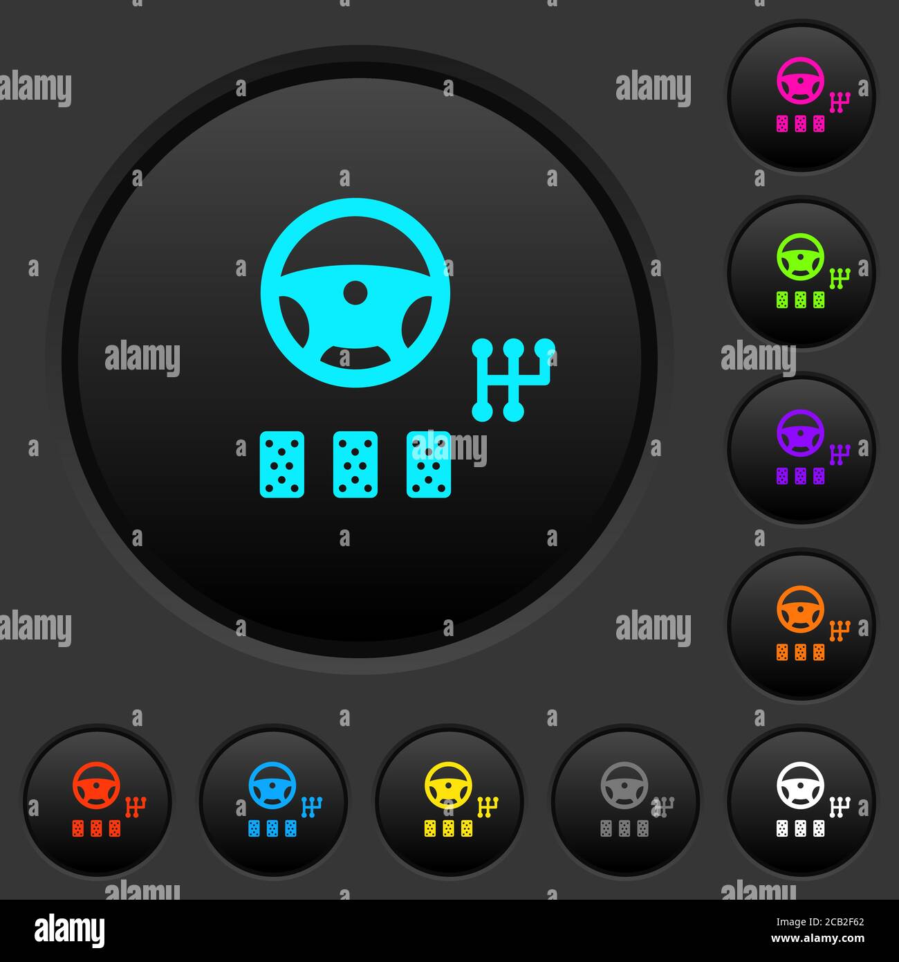 Car controls dark push buttons with vivid color icons on dark grey ...