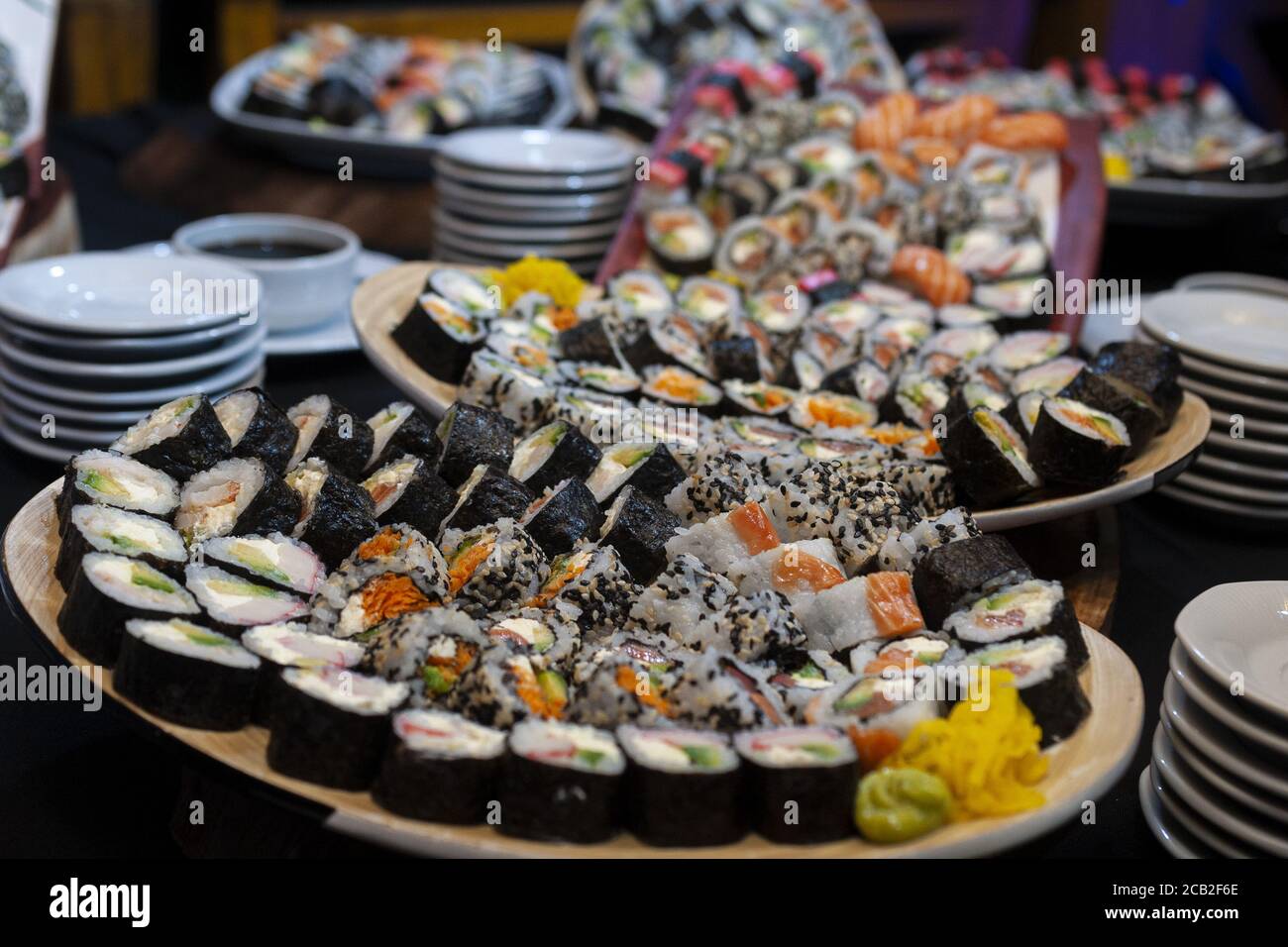 Closeup shot of a variety of fresh sushi on the table at an event Stock ...