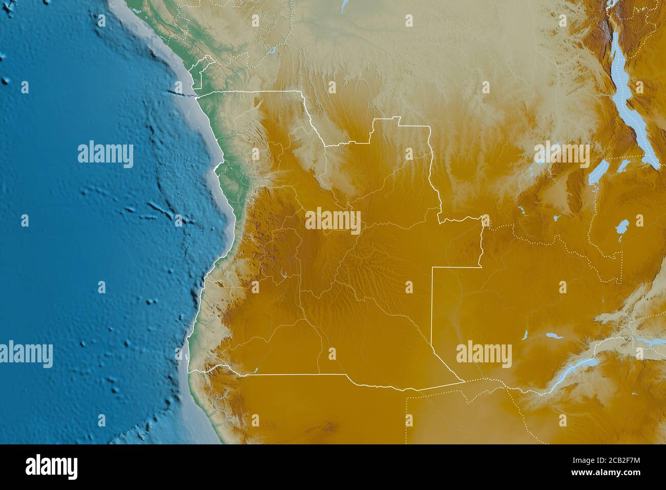 Extended area of Angola with country outline, international and ...
