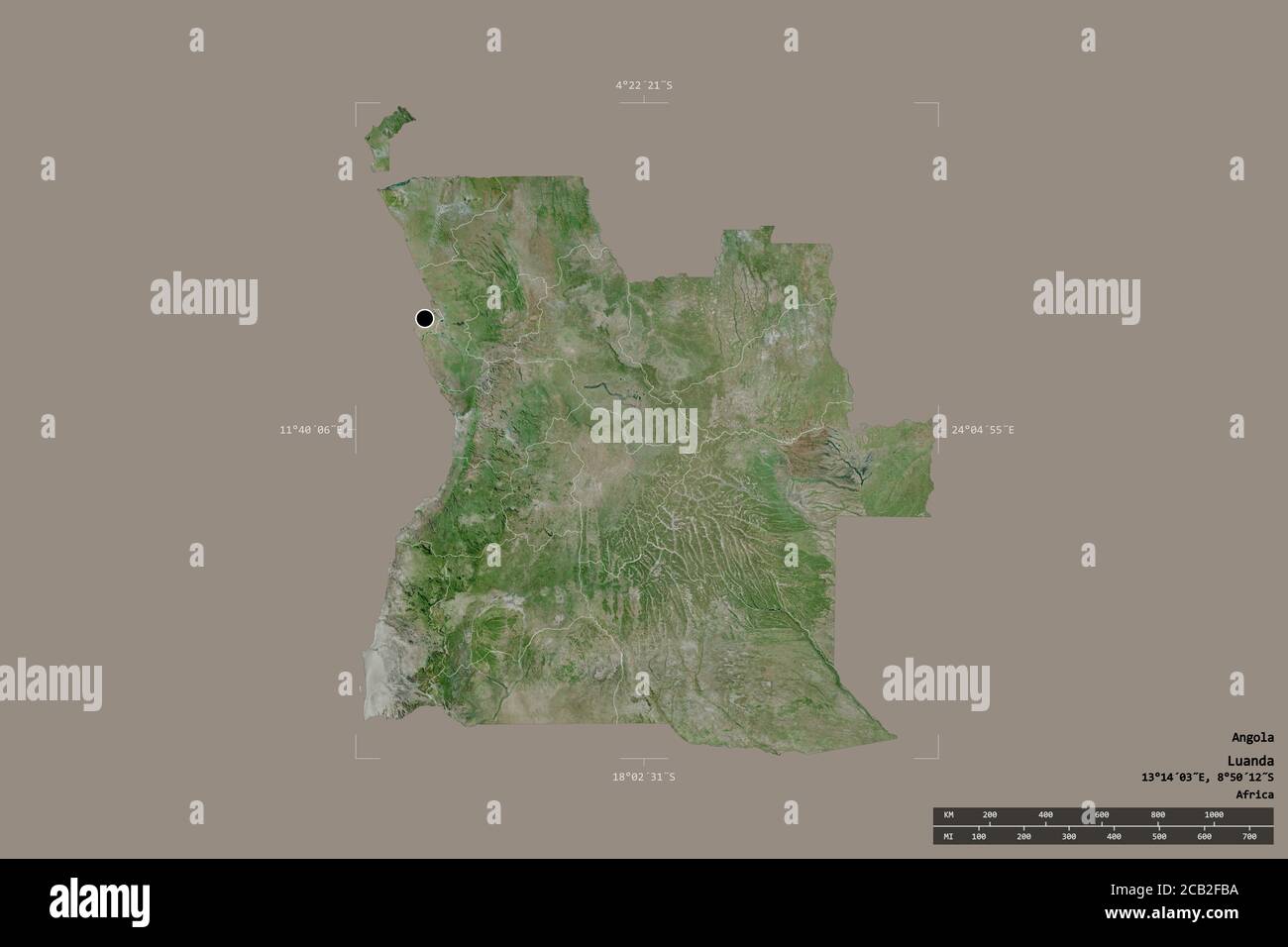 Area of Angola isolated on a solid background in a georeferenced ...