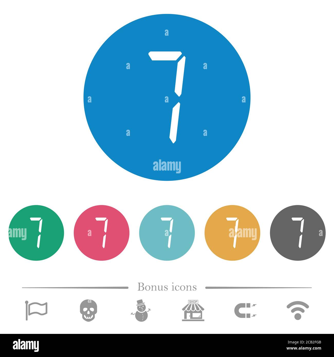 digital number seven of seven segment type flat white icons on round ...