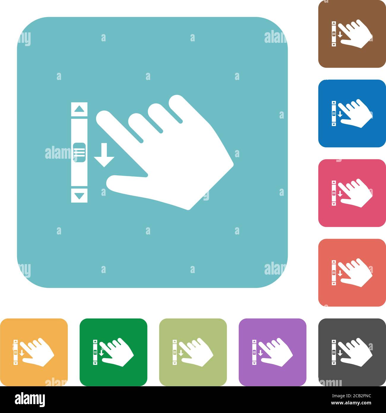 Right handed scroll down gesture flat white icons on round color ...