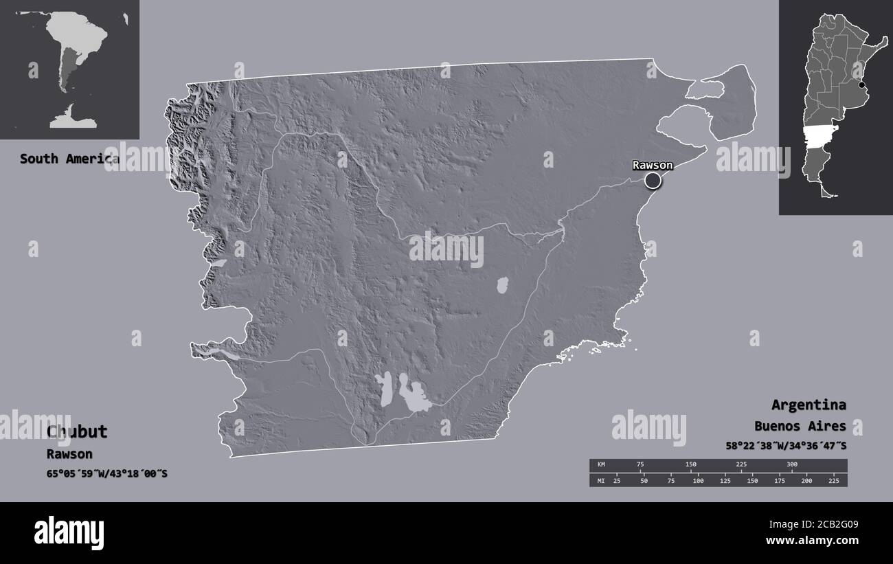 Shape of Chubut, province of Argentina, and its capital. Distance scale ...