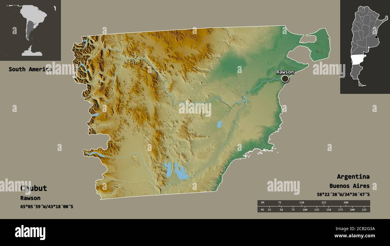 Shape of Chubut, province of Argentina, and its capital. Distance scale ...