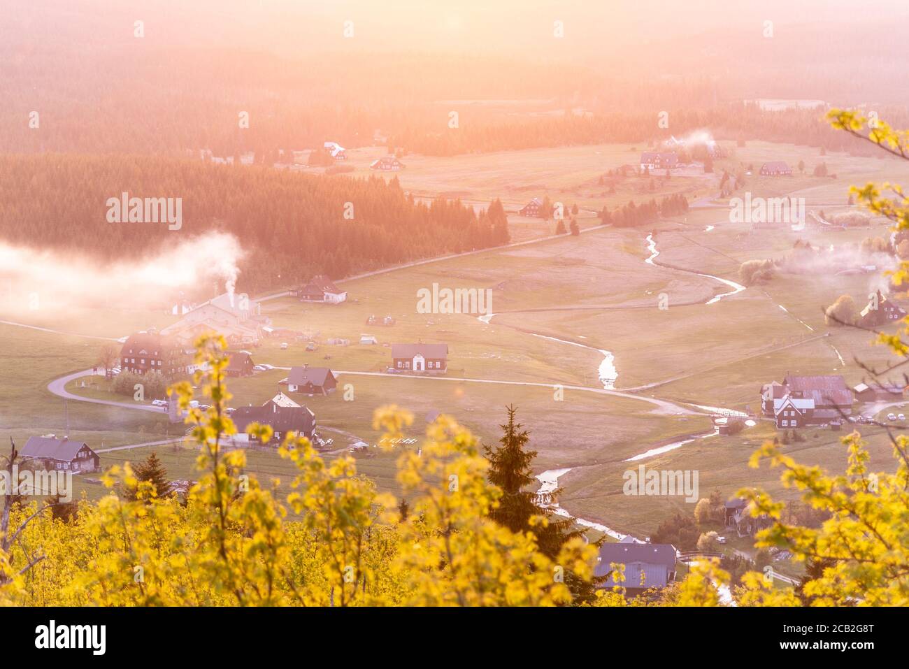 Jizerka village at sunset time. View from Bukovec Mountain, Jizera ...