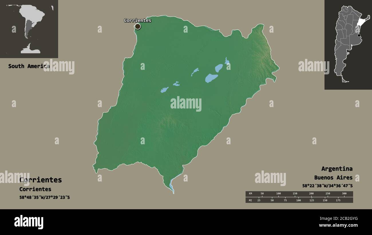 Shape of Corrientes, province of Argentina, and its capital. Distance ...