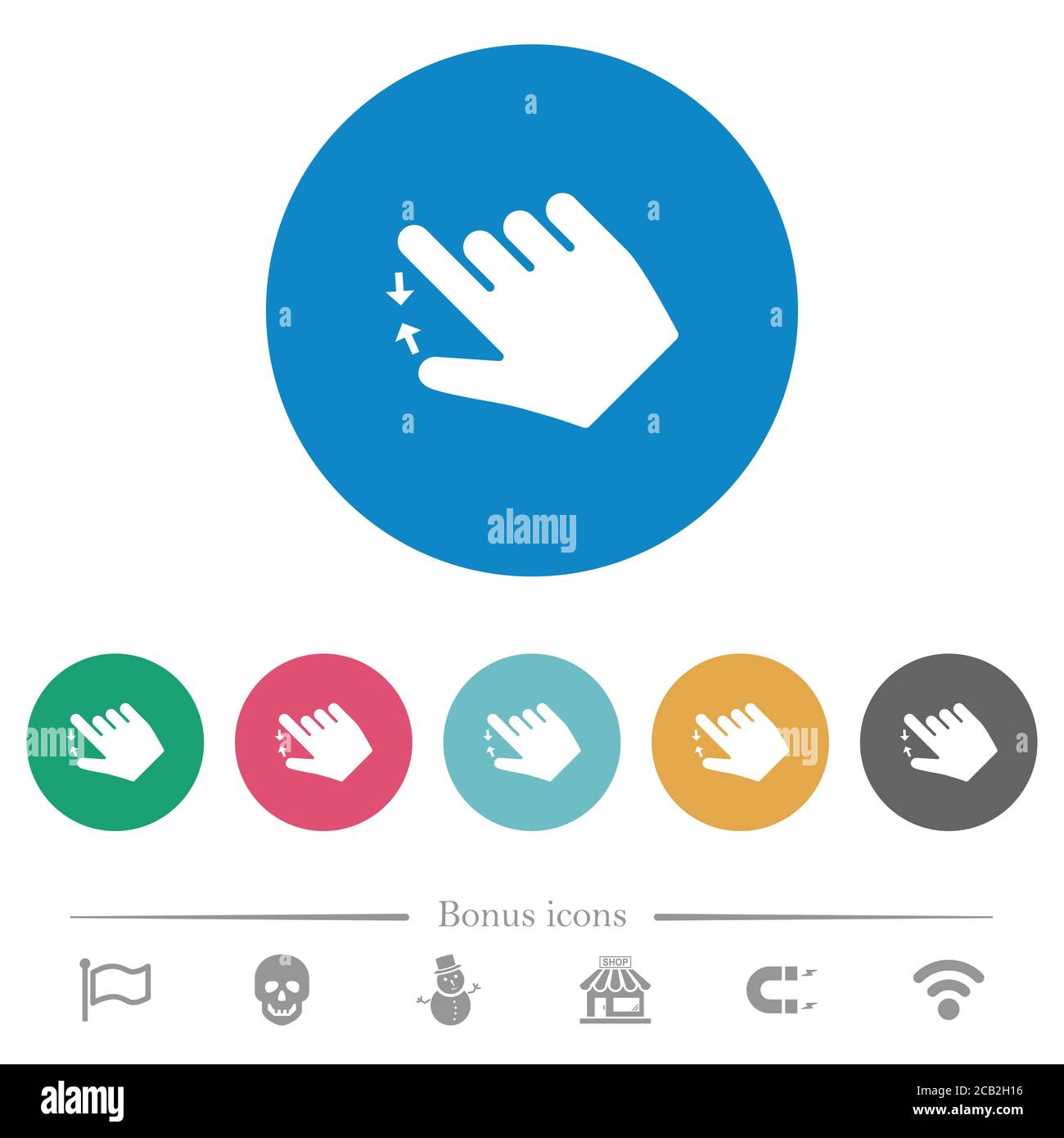 Right handed pinch close gesture flat white icons on round color ...