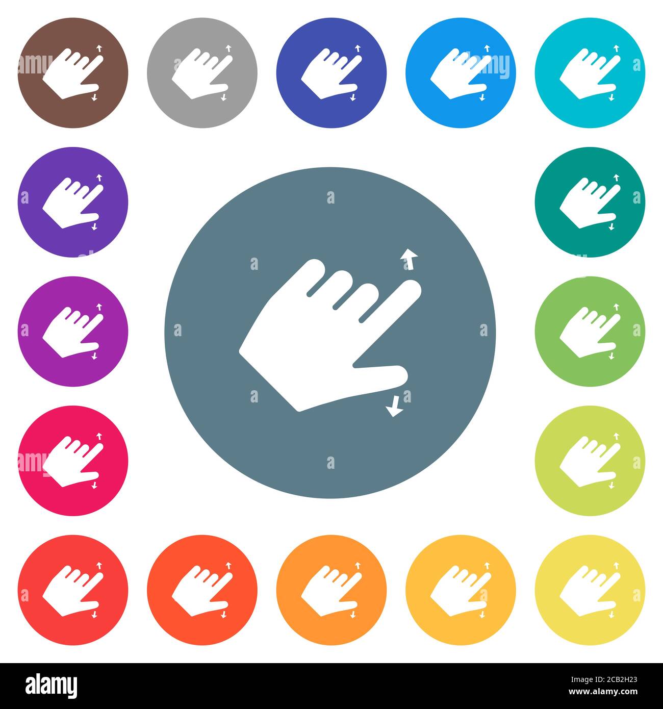 Left handed pinch open gesture flat white icons on round color ...