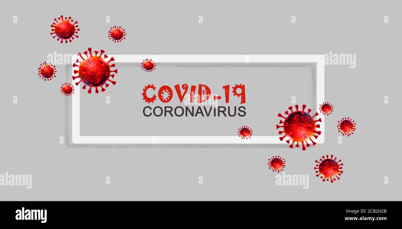 red covid-19 frame poster on grey with multi virus around mockup : text ...