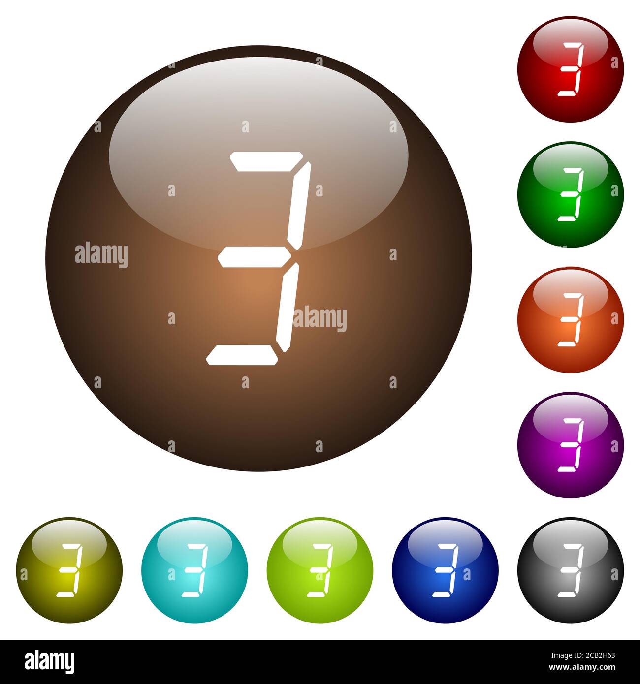 digital number three of seven segment type white icons on round color ...