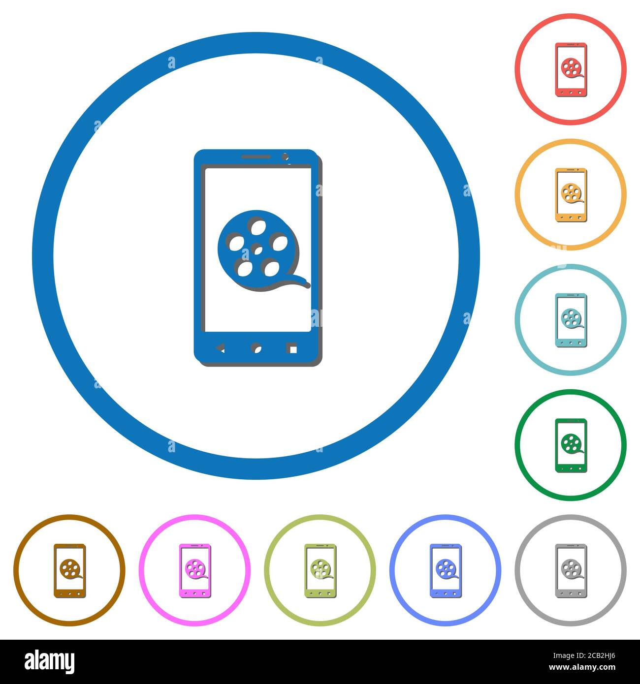 Mobile movie flat color vector icons with shadows in round outlines on ...