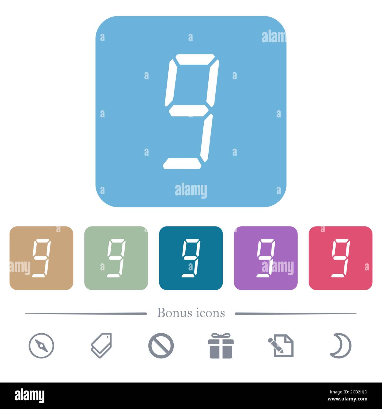 digital number nine of seven segment type white flat icons on color ...