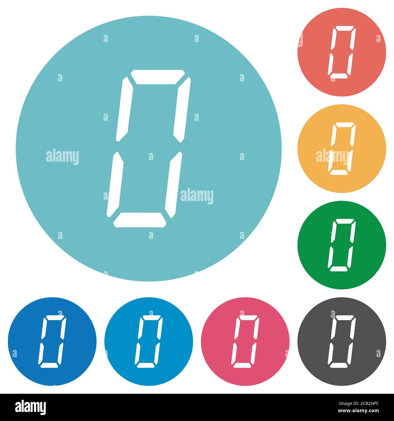 digital number zero of seven segment type flat white icons on round ...