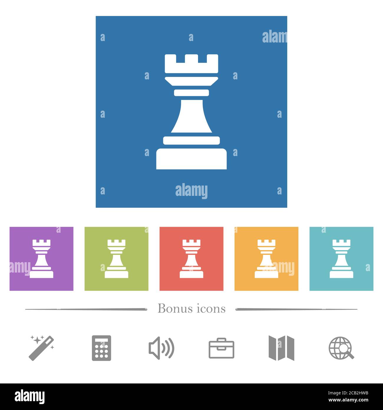 Black chess rook flat white icons in square backgrounds. 6 bonus icons ...