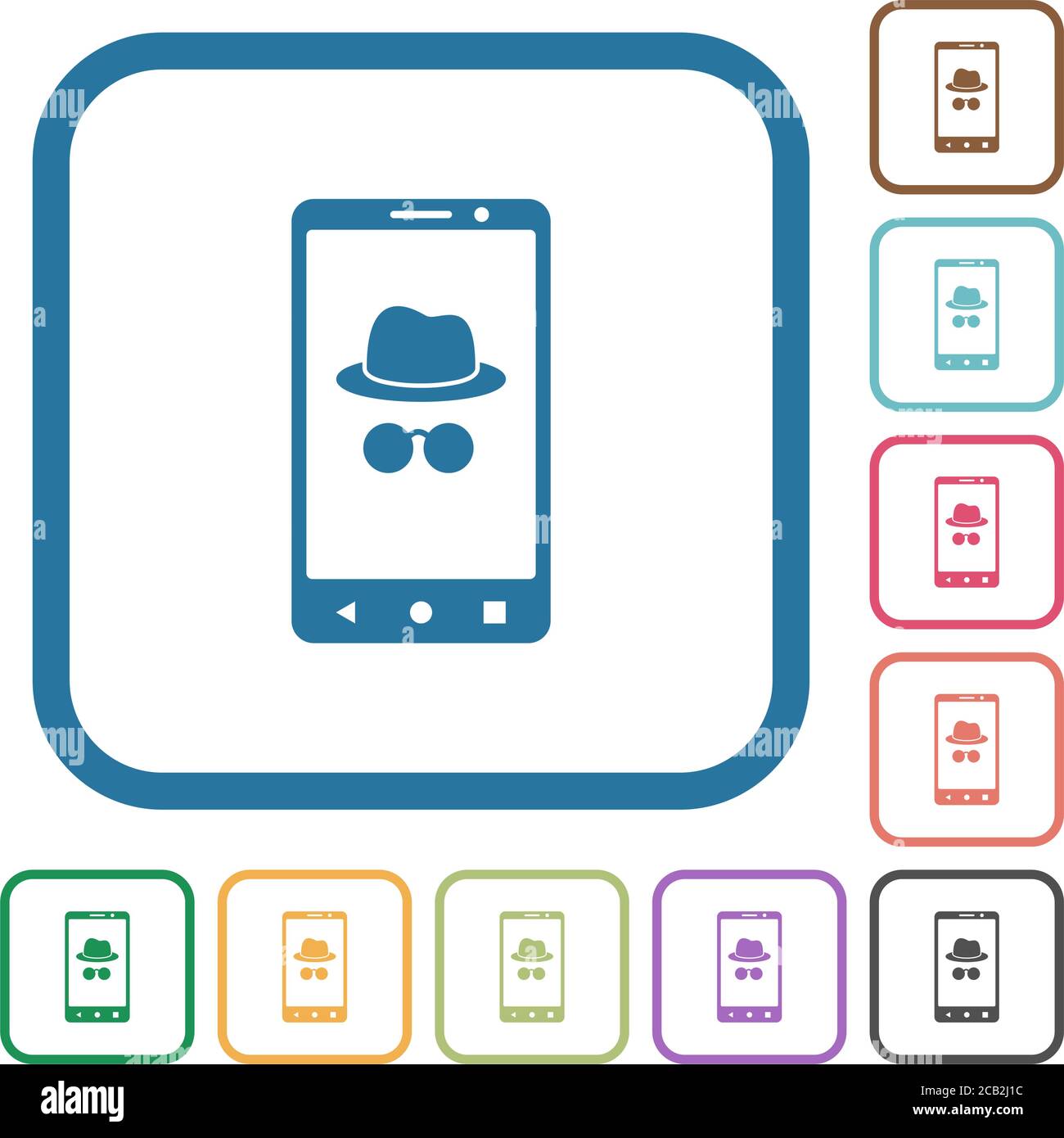 Mobile incognito simple icons in color rounded square frames on white ...