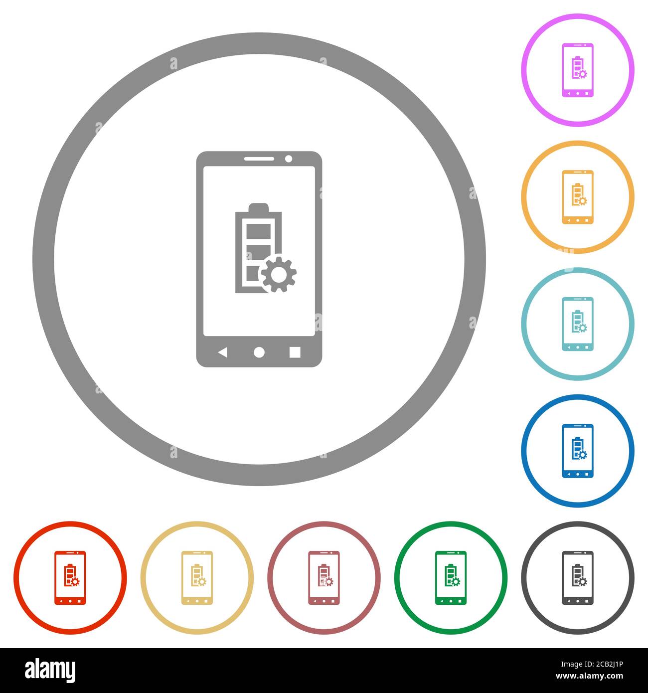 Mobile battery settings flat color icons in round outlines on white ...