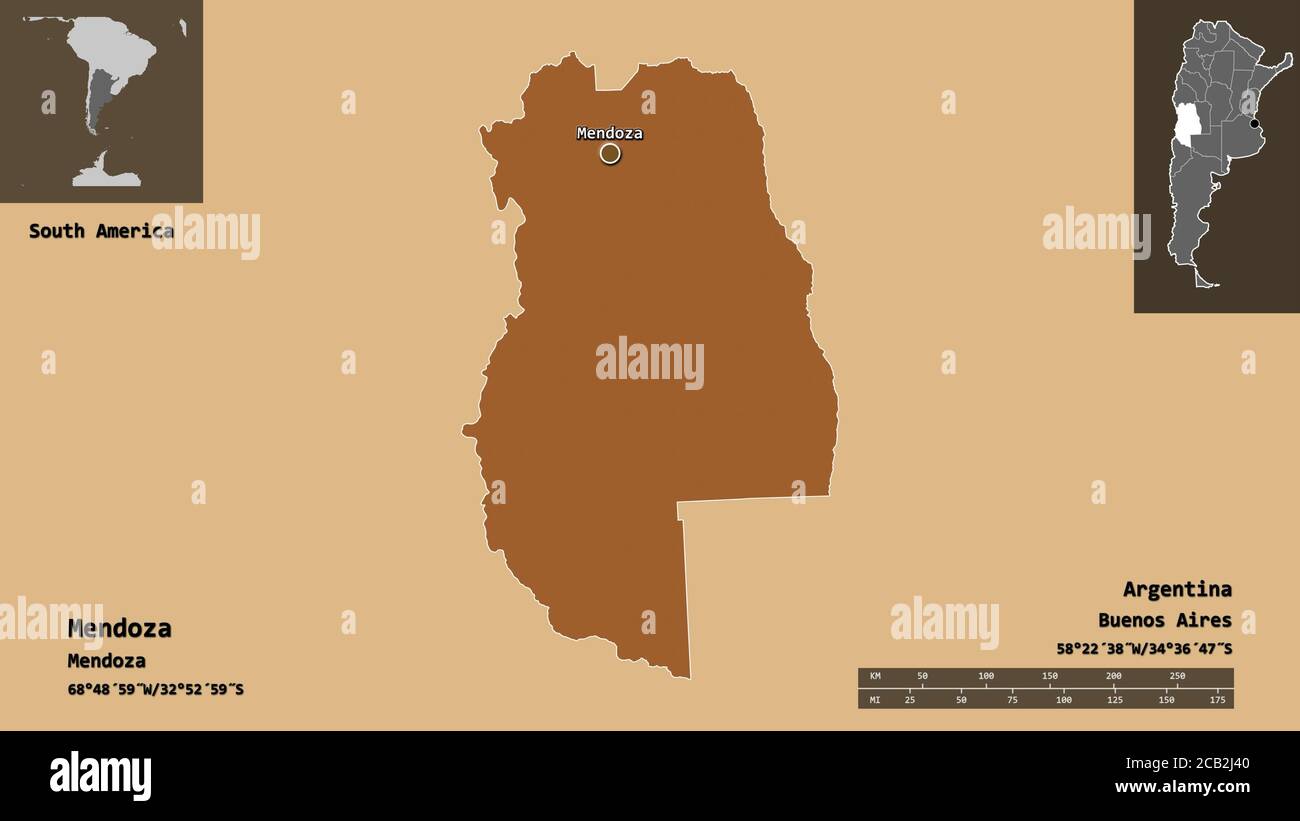 Shape of Mendoza, province of Argentina, and its capital. Distance ...