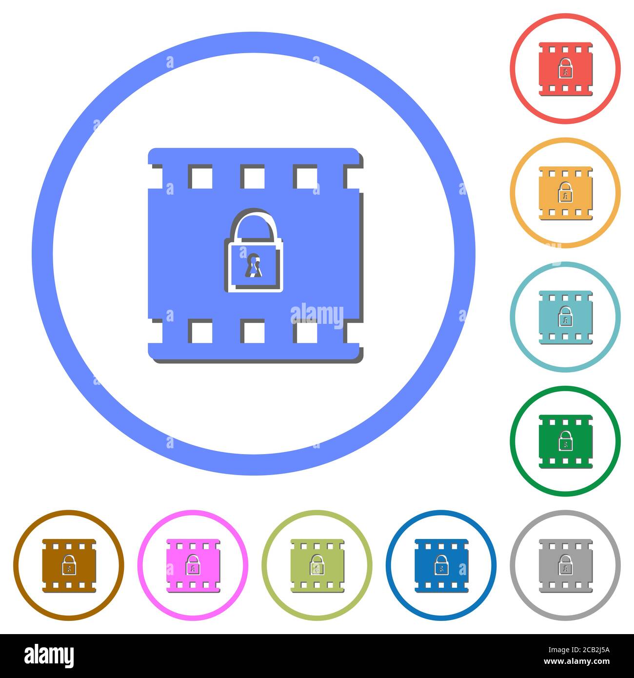 Encode movie flat color vector icons with shadows in round outlines on ...