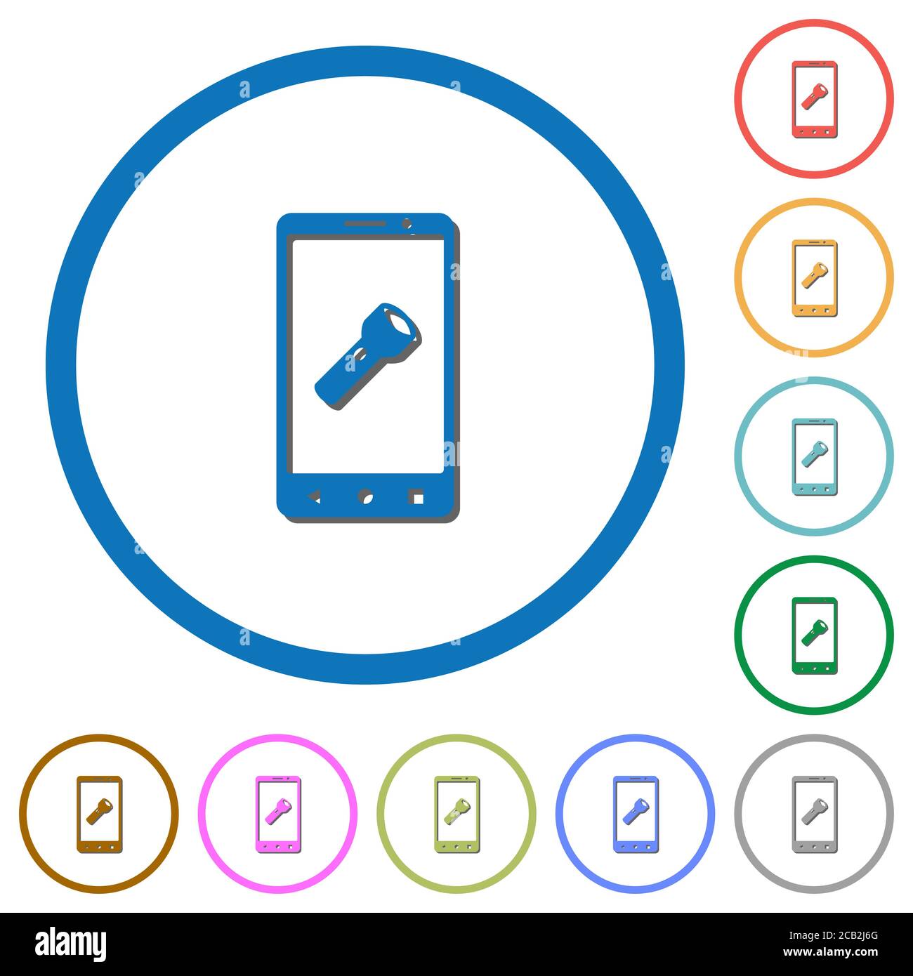 Mobile flashlight flat color vector icons with shadows in round ...